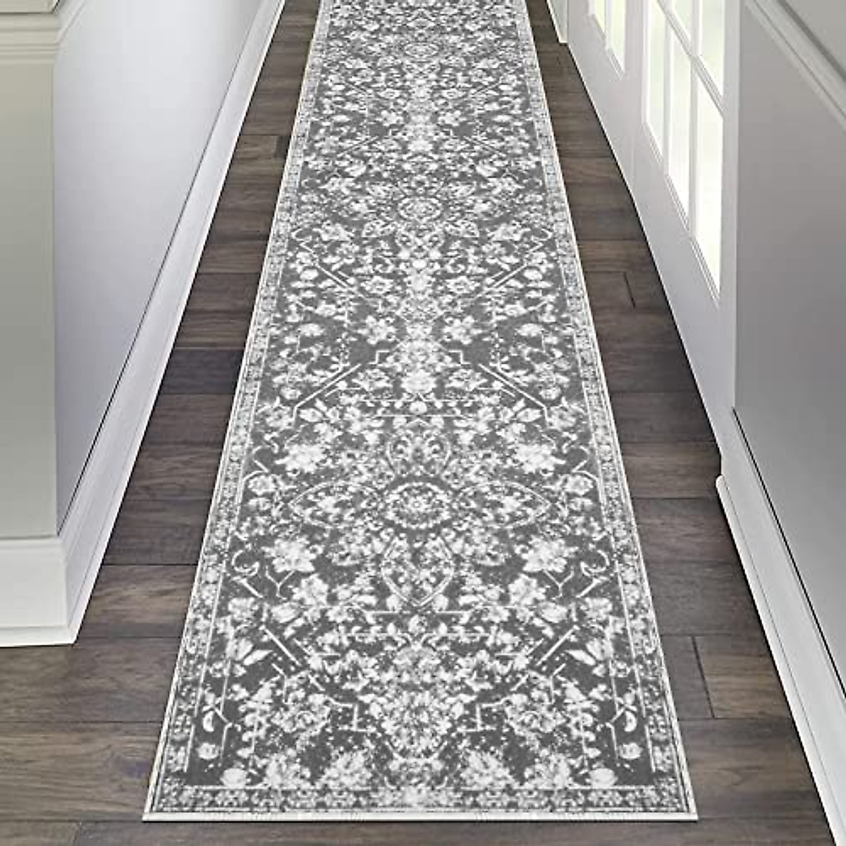 Pauwer Vintage Distressed Runner Rug, Washable Long Area Rug, Medallion Carpet Runner for Laundry Room Kitchen Floor Hallways Bedroom (Grey, 1.7'X10' Ft)