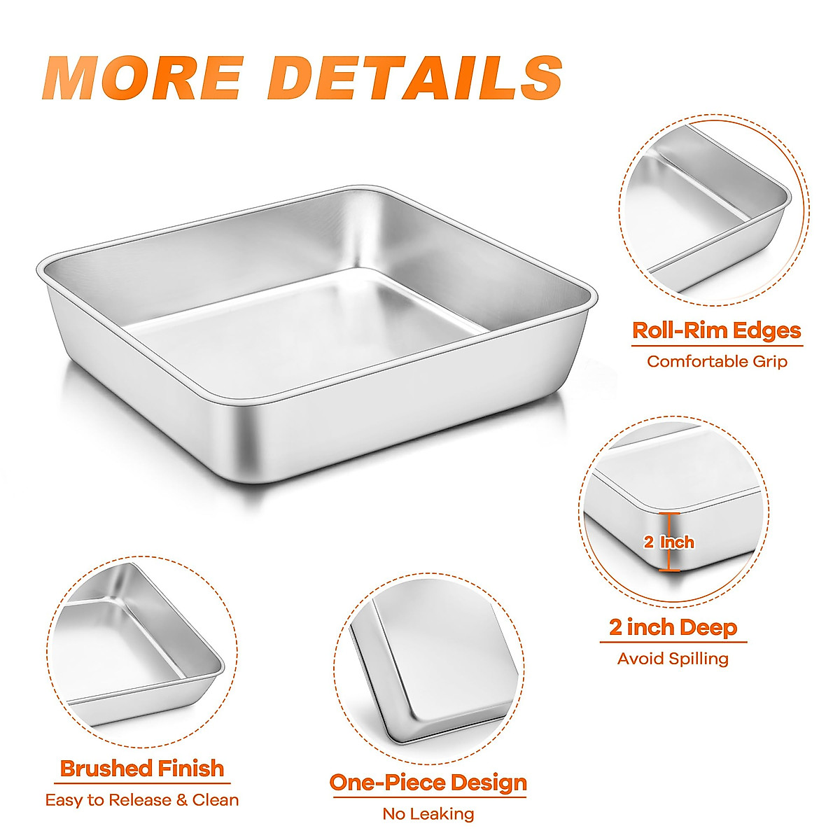 TeamFar Square Cake Pan, 6/8 / 9 Inch Stainless Steel Square Baking Pan for Cake Brownie Lasagna, Non-Toxic & Heavy Duty, One Piece Design & Deep Wall, Smooth & Dishwasher Safe – Set of 3