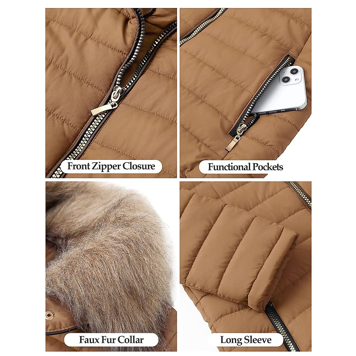 Vetinee Women Casual Faux Fur Lapel Zip Pockets Quilted Parka Jacket Puffer Coat Almond Brown X-Large (Fits US 16-US 18)