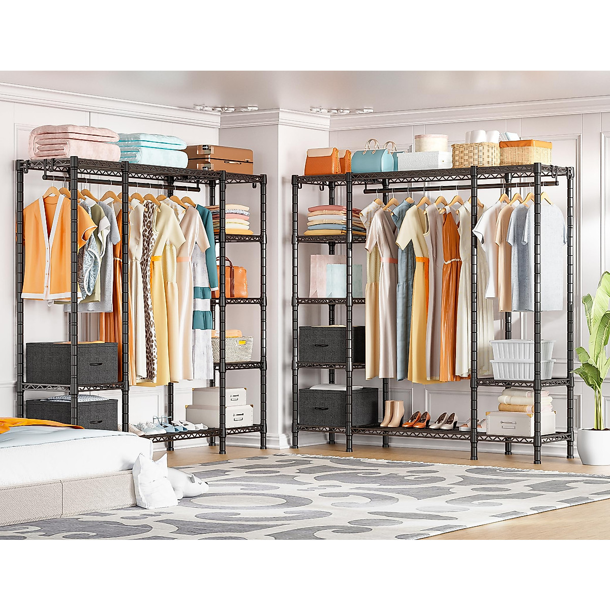 Ulif E6 Heavy-Duty Garment Rack, 5 Tiers Freestanding Clothes Rack with Fabric Drawers, Metal Clothing Wardrobe System Load 670 LBS, 58.6" W x 14.5" D x 71.6" H, Black