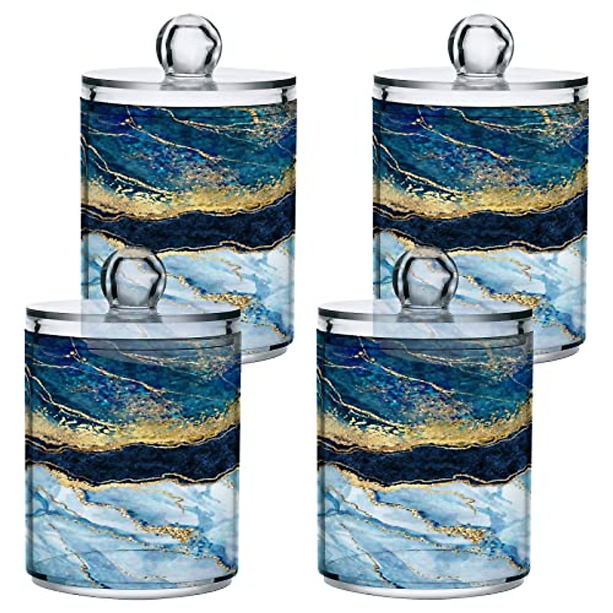 Kigai Blue Gold Marble Qtip Holder - 14OZ Clear Plastic Apothecary Jars Bathroom Canister Dispenser Organizer Vanity Storage Jar with Lid for Cotton Ball, Cotton Swab, Floss (2PACK)