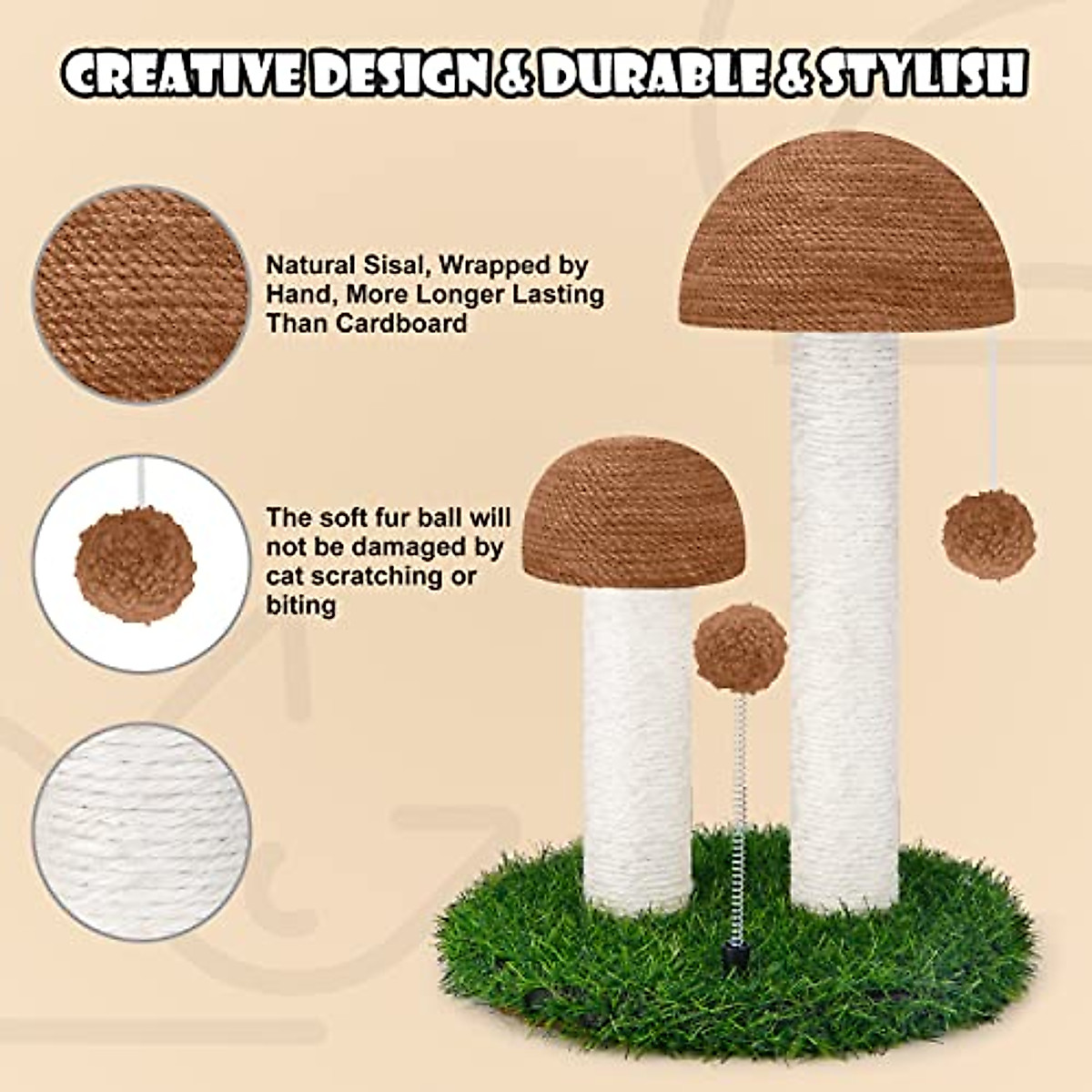 Odoland Cat Scratching Post Mushroom Natural Durable Sisal Board Scratcher for Kitty’s Health and Good Behavior, Furniture Scratch Deterrent Accessories for Cats Brown
