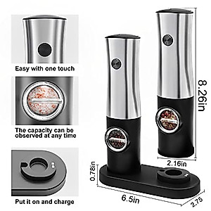 Electric Salt and Pepper Grinder Set, Adjustable Coarseness Automatic Pepper and Salt Mill Powered Refillable with Rechargeable Base, One Hand Automatic Operated Kitchen Gadgets, Stainless Steel