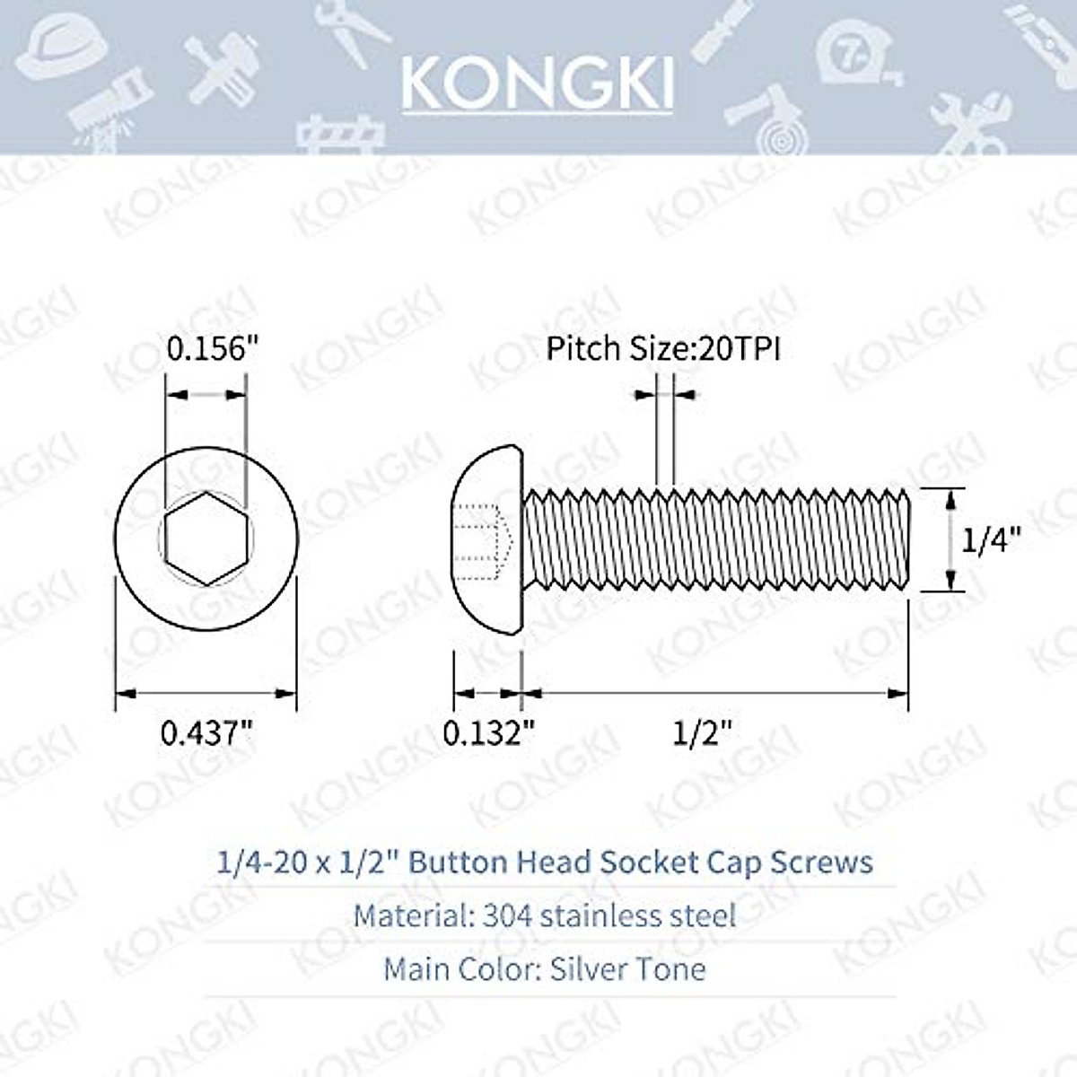 1/4-20 x 1/2" Button Head Socket Cap Bolts Screws, 304 Stainless Steel 18-8, Allen Hex Drive, Fully Machine Thread, Bright Finish, 50 PCS
