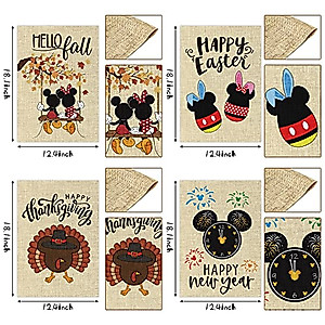 D1resion 12Pcs Seasonal Garden Flag Set Cartoon Mouse Burlap Yard Flags Double Sided Print House Flag Outdoor Holiday Decorations for Autumn Halloween Thanksgiving Christmas New Year 12.4 X 18.1 In