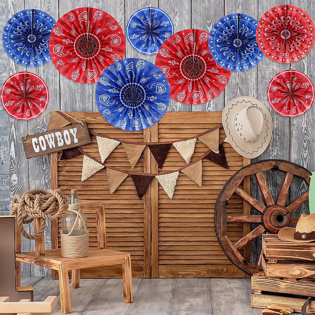 Outus 9 Pcs Bandana Hanging Paper Fans Decorations Wild West Paper Fans Classroom Decorations Western Themed Ceiling Wall Garland for Western Cowboy Themed Party Decorations
