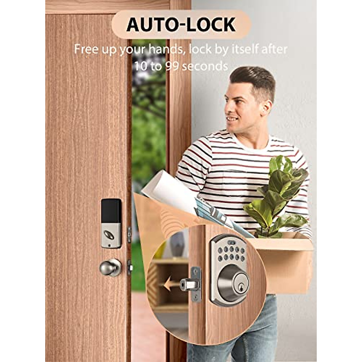 Keyless Entry Door Lock with Handle, TRAUST Electronic Keypad Deadbolt, 4-Piece Front Door Lock Set, Auto Lock, 1-Touch Locking, Low Battery Alert, 10 User Codes, IP54 Waterproof, Satin Nickel