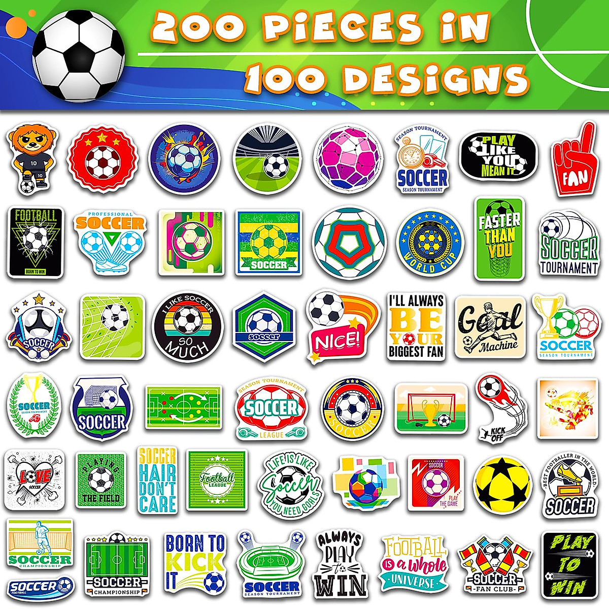 WAKEMOODEI Soccer Stickers 200PCS Soccer Sports Stickers for Boys, Waterproof Vinyl Stickers for Water Bottles, Kids Stickers Soccer Party Favors Soccer Gifts Stickers for Kids Teens Soccer Lovers