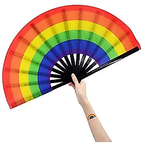 Amajiji Large Folding Hand Rave Fan for Women/Men, Chinease/Japanese Bamboo and Nylon-Cloth Folding Hand Fan, Hand Fan Festival Fan Gift Fan Craft Fan Folding Fan Dance Fan (Rainbow)