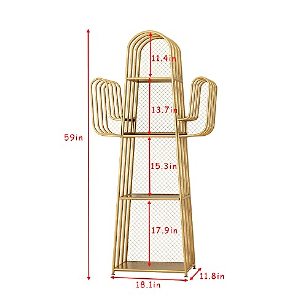 DOORXIF 4-Tier Gold Bookshelf Freestanding, Cactus Bookcase 4 Cube Storage Organizer Closet Metal Display Cabinet, Corner Bookshelf for Small Spaces, Gold Bookcase for Bedroom Office