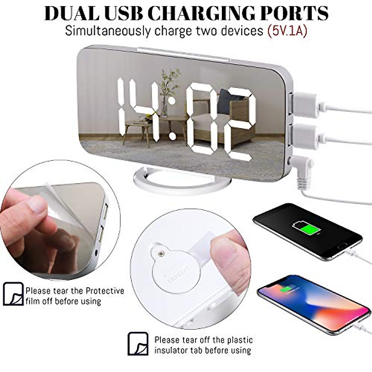 WulaWindy Digital Alarm Clock, Large Mirrored LED Display, with USB Charger, Snooze Function Dim Mode Wall Hanging Beside Desk Clock for Bedroom (White)