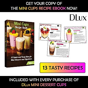 DLux 50 x 3oz Mini Dessert Cups with Lids & Spoons, Shooter - Clear Plastic Parfait Appetizer Cup - Small Reusable Cups for Tasting Party Desserts Appetizers - With Recipe Ebook