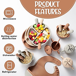 24 Pack Silicone Baby Feeding Set Baby Led Weaning Supplies Includes Suction Divided Plates Soft Bowl Spoons Forks Adjustable Bib Snack Cup and Straws for Baby Eating (Walnut Color, Beige, Smoky Gray)