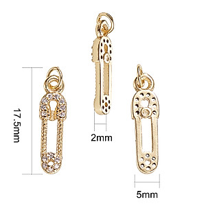 LiQunSweet 10 Pcs 17.5x5mm Safety Pin Shape Golden Brass Pendants with Clear Cubic Zirconia for Women Necklace Bracelet Earring Making