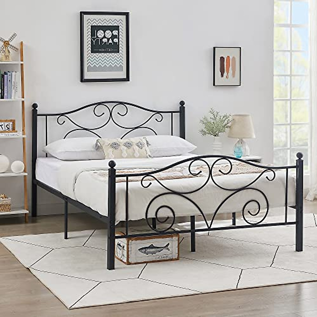 VECELO Full Size Metal Bed Frame with Headboard and Footboard, Iron Mattress Foundation No Box Spring Needed, Heavy Duty/Easy Set Up, Black