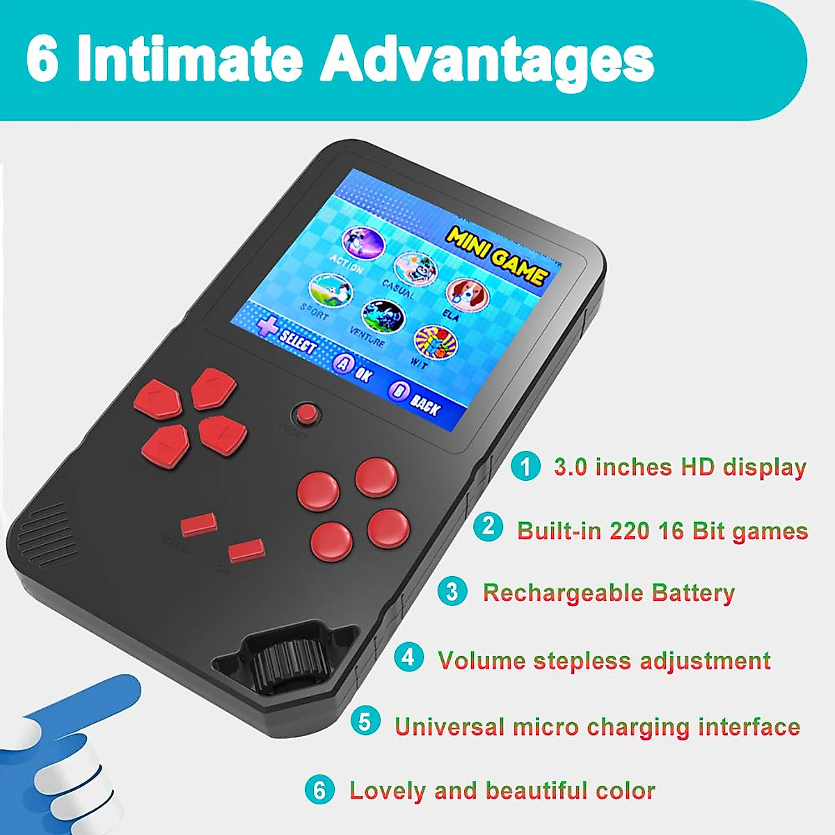 Douddy 16 Bit Handheld Game Console for Kids Adults Built in 220 HD Classic Electronic Games 3.0 Inches Screen USB Rechargeable Seniors Arcade Entertain Player (Black)