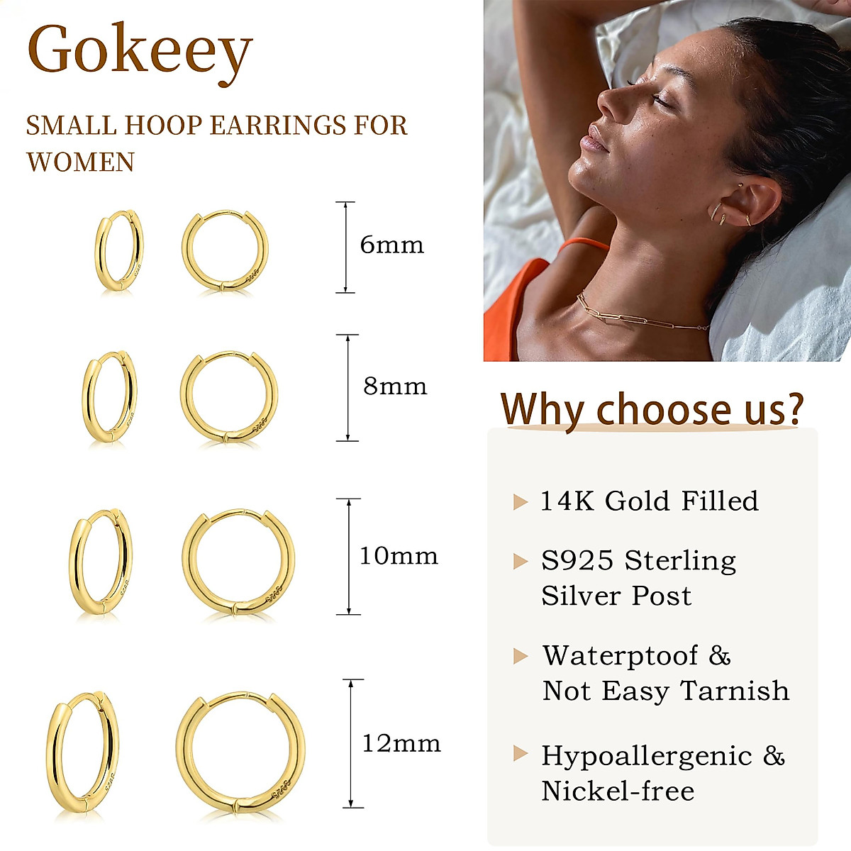 Gokeey Gold Hoop Earrings Set: 14k Gold Plated Lightweight Hoops - Huggie, Cartilage (6mm-12mm)