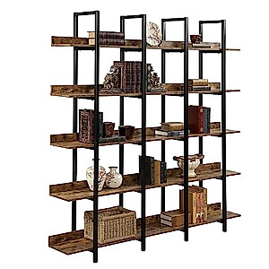 SmallCock 5 Tier Bookcase Home Office Open Bookshelf, Vintage Industrial Style Shelf with Metal Frame (Brown)