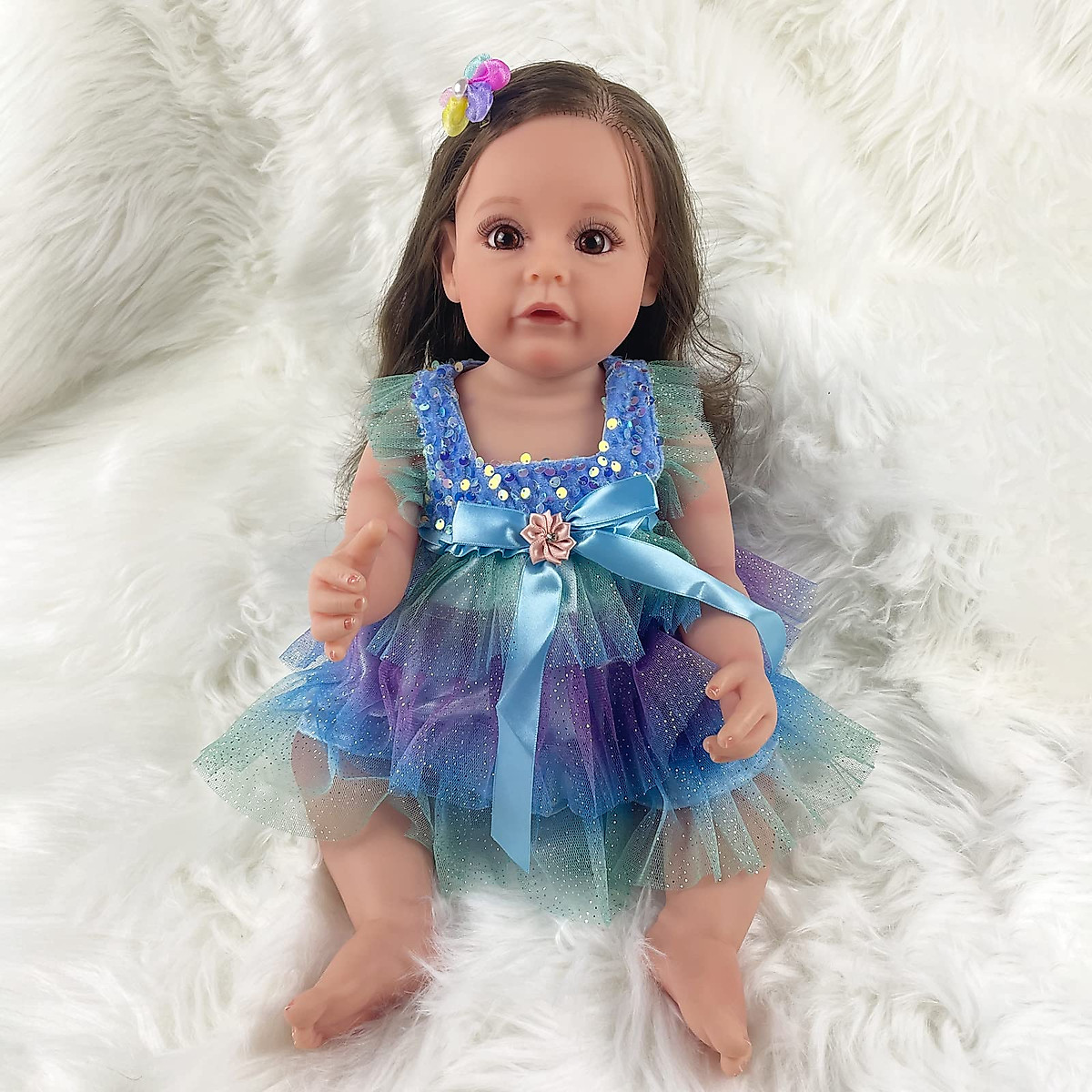 PLAYSKY Reborn Baby Dolls Girl, 22" Beautiful Lifelike Doll Full Body Vinyl Silicone with Long Hair for Kids, Realistic Newborn Baby Doll with Feeding Toy for Birthday Christmas