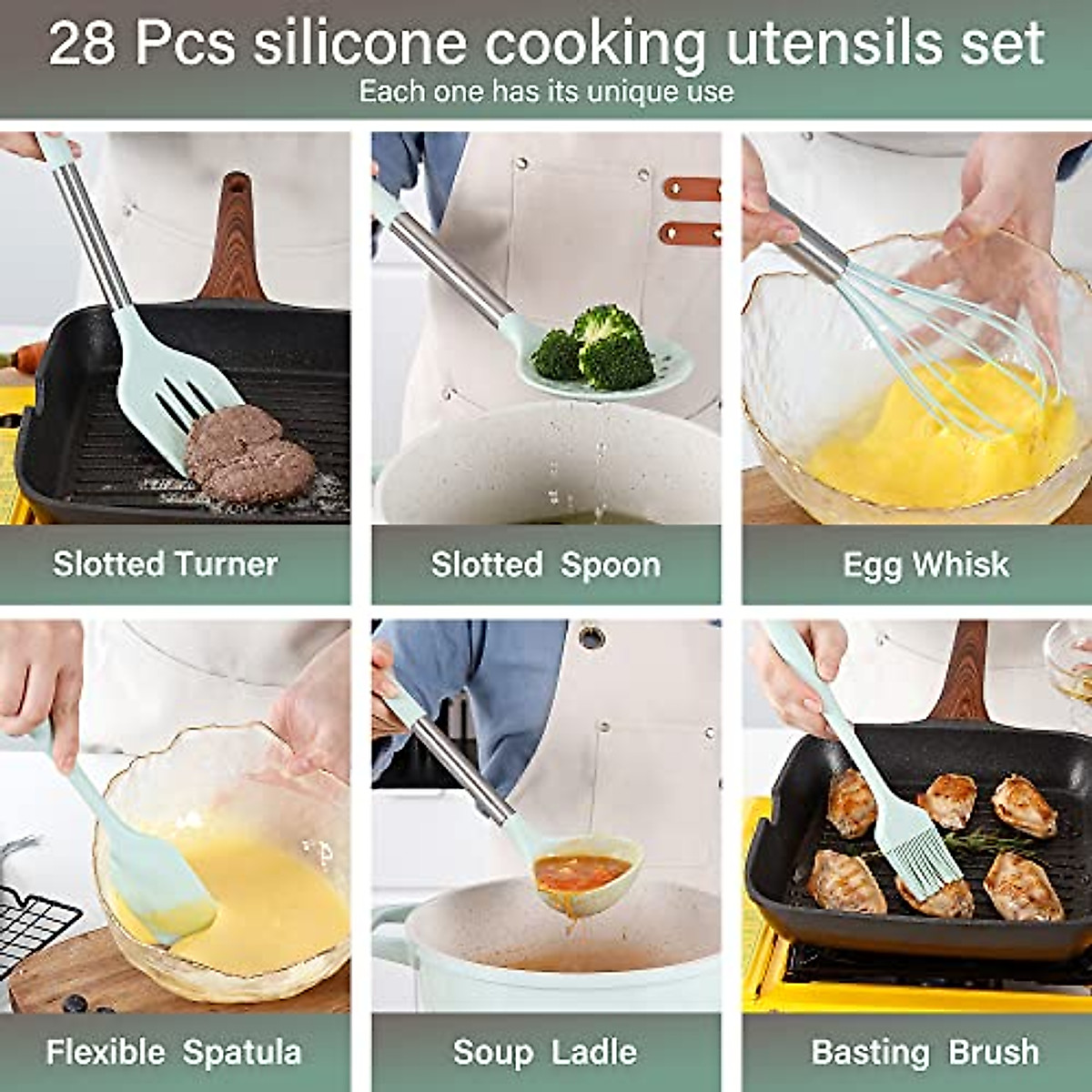 QMVESS Silicone Kitchen Utensil Set, 28 Pcs Non-Stick Cooking Utensils Set with Holder, Tongs, Spatula, Whisk, Measuring Cups and Spoons Set with Stainless Steel Handle Kitchen Gadgets (Light Green)