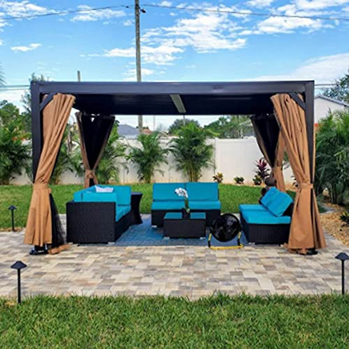 PURPLE LEAF Outdoor Louvered Pergola 10' × 13' Patio Hardtop Gazebo Sun Shade Shelter Outside Canopy with Metal Adjustable Roof for Beach Deck Backyard Garden, Curtains and Netting Included