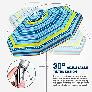 FEFLO Beach Sand Umbrella Portable Outdoor: 7ft Arc Length 6.5ft Diameter Large Striped Heavy Duty Wind Proof UV 50+ Parasol with Anchor Adjustable Tilt Pole 8 Ribs Carry Bag Lightweight