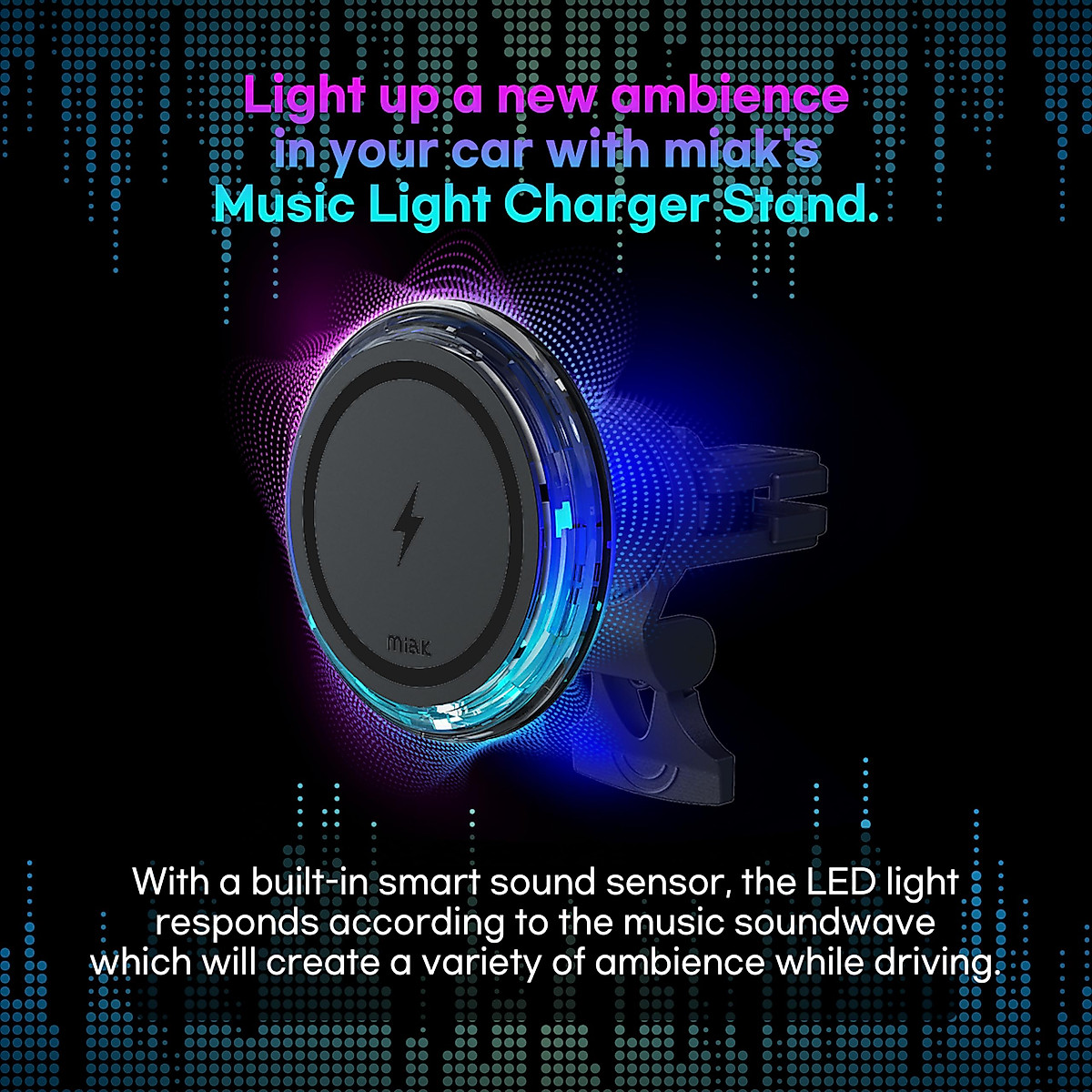miak for Magsafe Car Mount Charger, Strong Magnet, Wireless 15W Fast Charging Music Reactive LED Car Stand