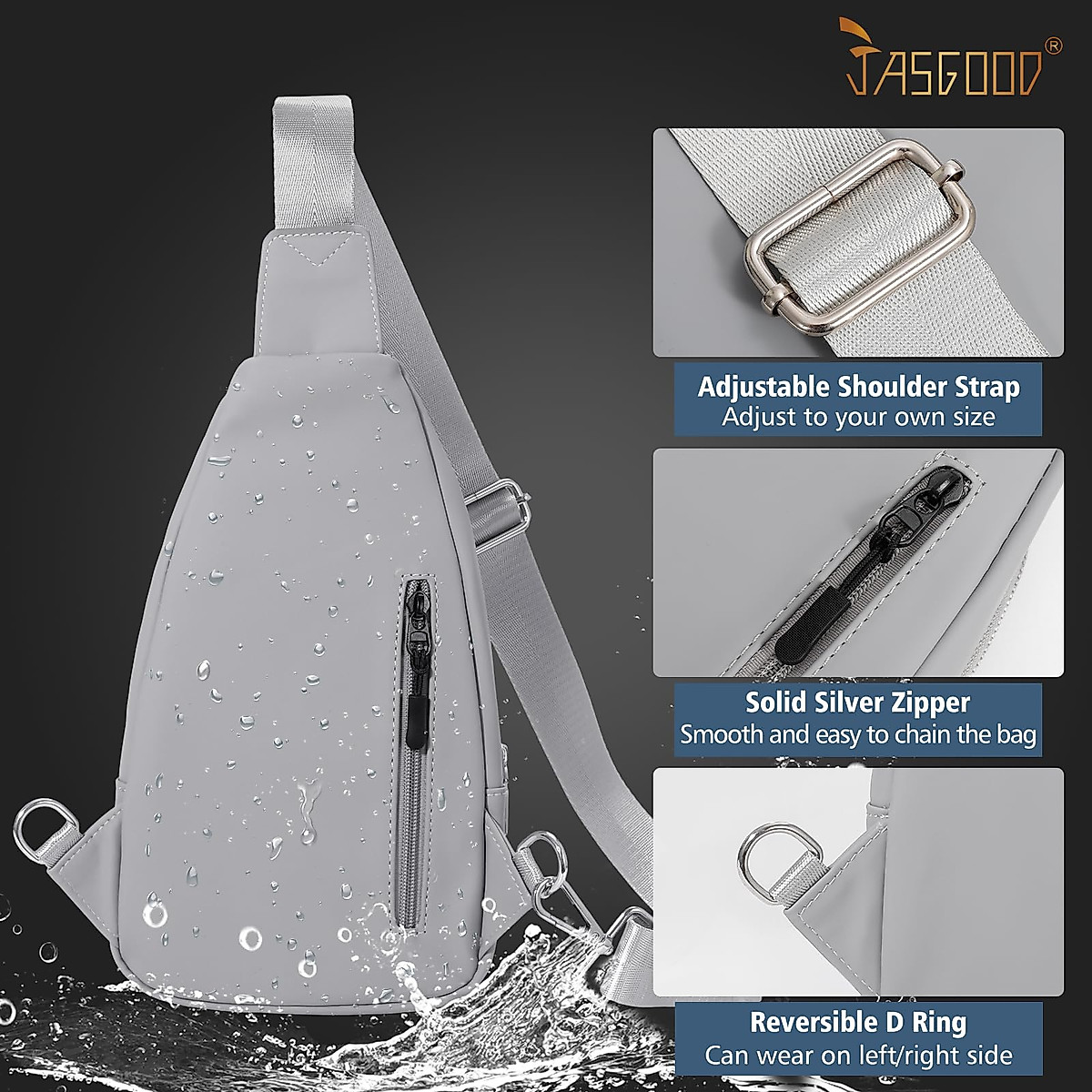 JASGOOD Sling Bag for Men Women, Crossbody Bag Faux Leather Fanny Pack Waterproof Chest Bag Backpack for Travel,Hiking,Light Gray