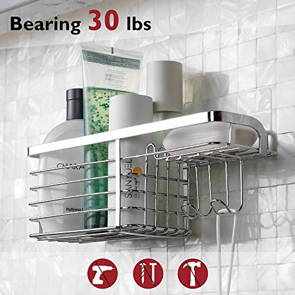 Lagute 2-Pack Shower Caddy, Combined Bathroom Shelf with Soap Dish and Hooks for Razor, Brush, Sponge, Shampoo, Wall Mounted Rustproof Deep Basket with Adhesive, No Drilling, SUS 304 Stainless Steel