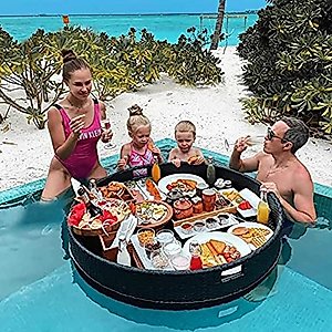 Round Hand Woven Rattan Serving Tray Floating Tray with Handles, Swimming Pool Floats,for Adults for Sandbars,Spas,Bath and Parties Serving Drinks,Brunch (Color : Black, Size : 80cm)
