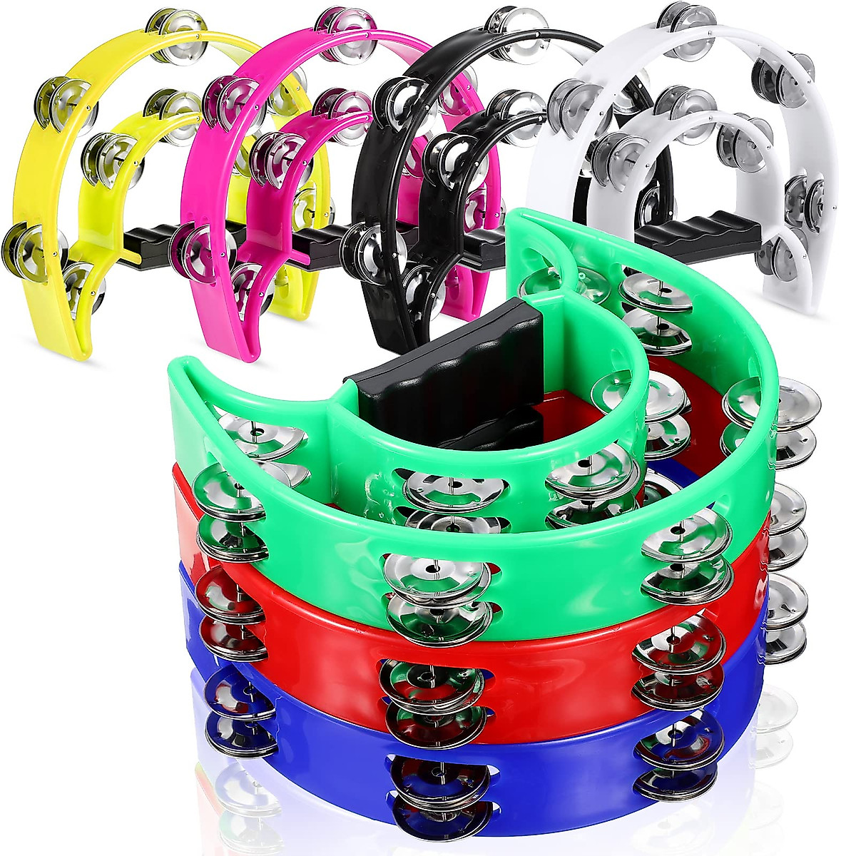 7 Pieces Double Row Tambourine Half Moon Musical Tambourine Plastic Tambourines Musical Instrument Handheld Tambourine Percussion Metal Jingles Hand Held Percussion Drum for Party Performance Concert