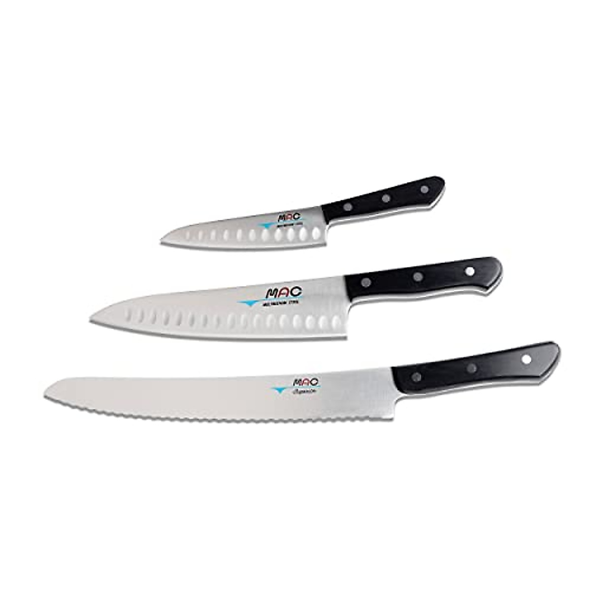 MAC Knife Chef series 3-piece starter knife set CHEF-32, TH-80 Chef series 8" dimpled Chef's knife, TH-50 Chef series 5" dimpled Paring knife, SB-105 Superior series 10.5" Bread knife, made in Japan