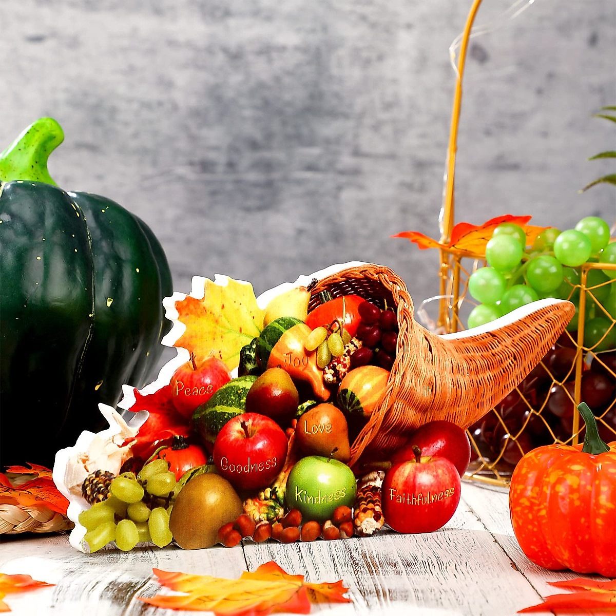 Amyhill Thanksgiving Table Centerpiece Cornucopia Fall Centerpiece for Tables with Inspirational Words Peace Love Joy Goodness Faithfulness Harvest Cornucopia Basket for Fall Dining Table Decor