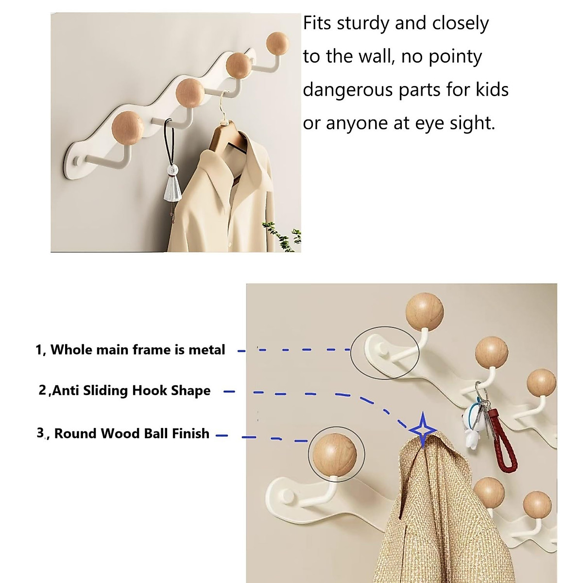 Nolbiph Coat Rack Wall Mount,White Wall Hooks Adhesive & Screw in,Anti-Tear Wooden Ball Hook Rail, Heavy Duty Metal Coat Hanger Wall Mount for Entryway, Bathroom, Bedroom, Kitchen1PACK (4-tri Hooks)