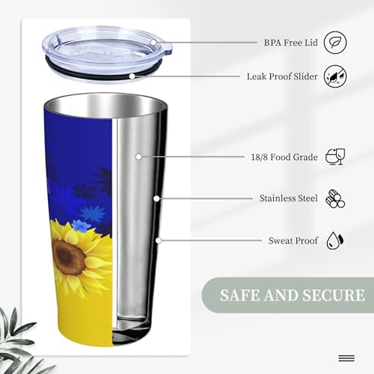VKKOEWL Sunflowers And Blue Ukraine Stainless Steel Insulated Tumbler 20 Oz Travel Water Bottle Coffee Mug Drink Cup With Lid Straw