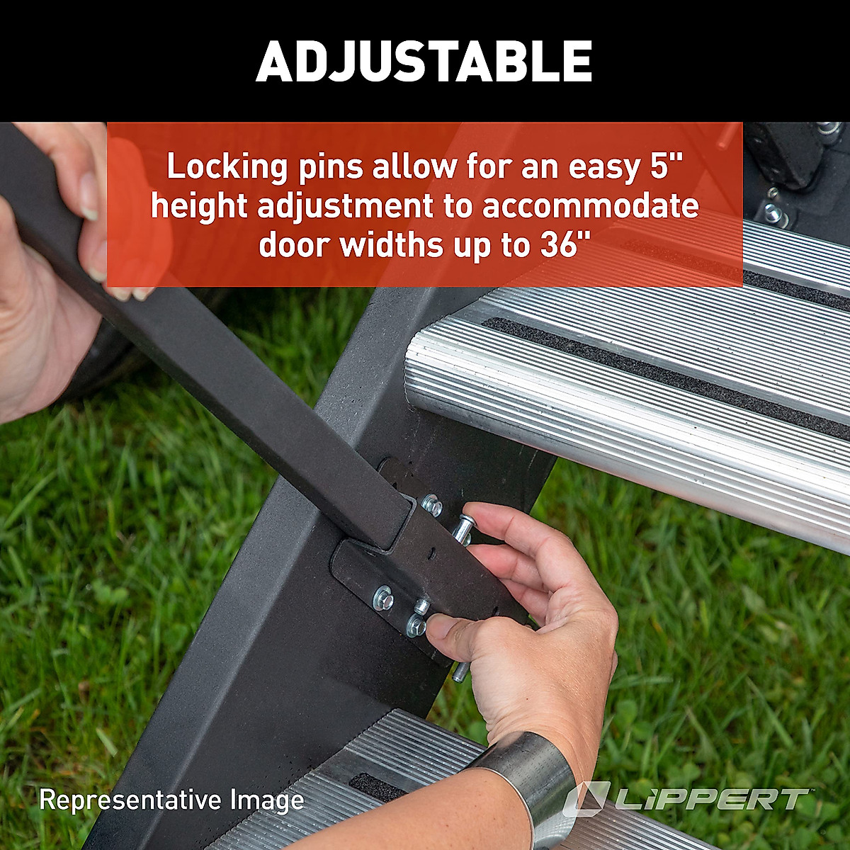 Lippert Solid Step Entry Assist Handrail, Accommodates Door Widths up to 36”, Easy Installation, Locking Pins for 5” Adjustment, for 5th Wheel RVs, Travel Trailers, Motorhomes - 799640, Black