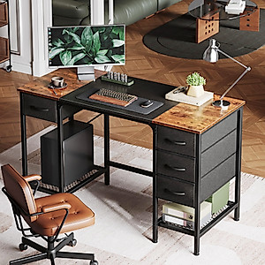 Huuger 47 Inch Computer Desk with 4 Drawers, Office Desk with Mesh Shelf, Gaming Desk, Large Storage, Writing Desk Work Desk for Home Office, Study, Bedroom, Work from Home, Rustic Brown and Black