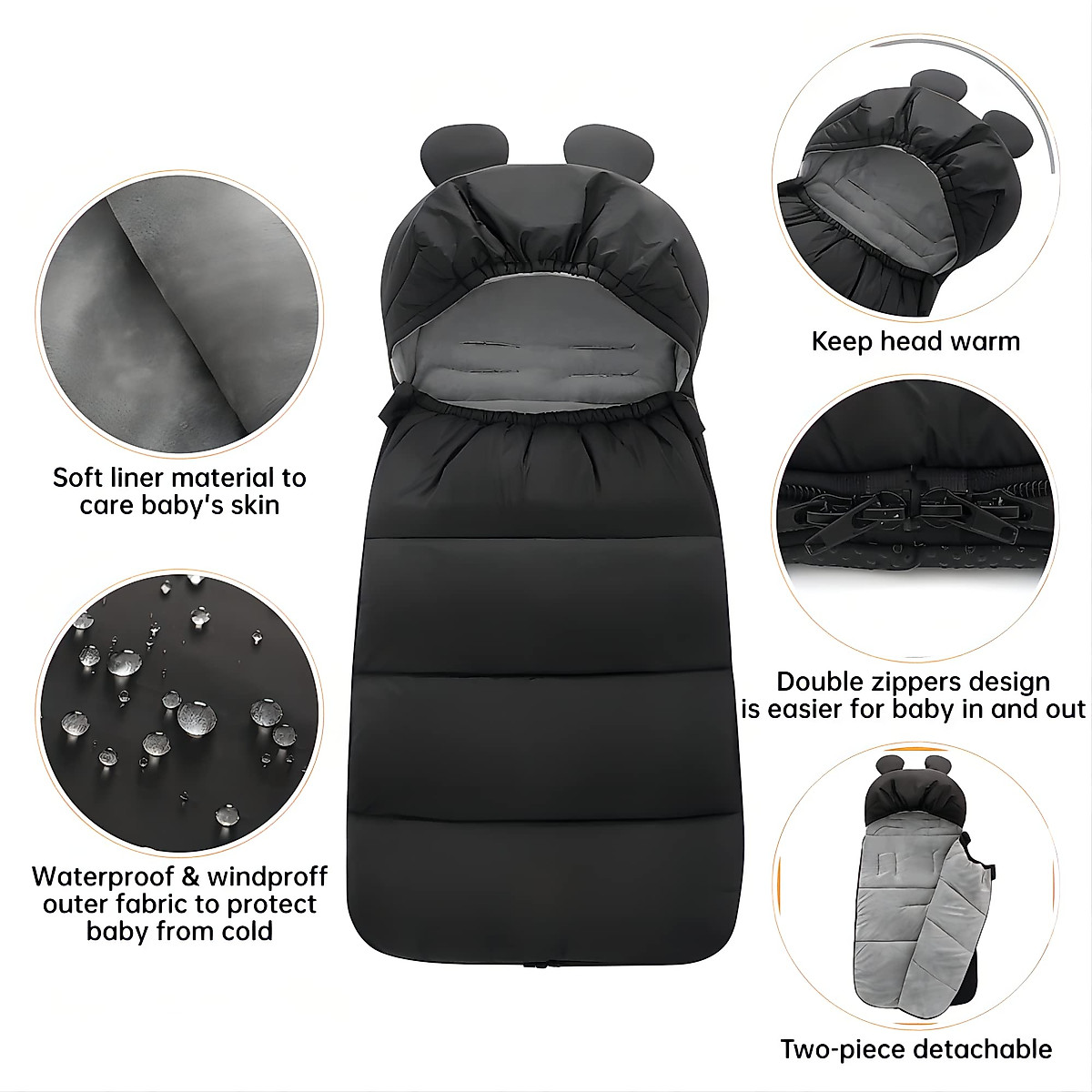 Stroller Bunting Bag for Baby, Infant Bunting Bag Winter Baby Sleeping Bag for Stroller Footmuff Waterproof, Warm Bunting Bag Toddler Sleeping Bag, Outdoor Universal Baby Bunting Bag, Black