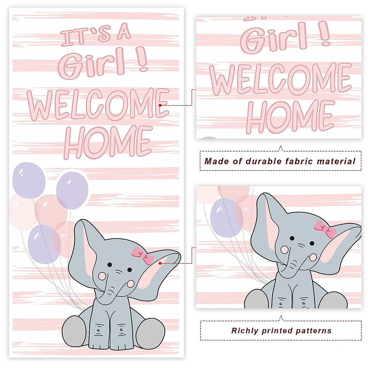 It’s A Girl Welcome Home Cute Cartoon Elephant Banner Animal Theme Decorations Decor for Girl Princess Wild One Safari Baby Shower 1st Birthday Party Gender reveal Supplies Photo Booth Props Backdrop