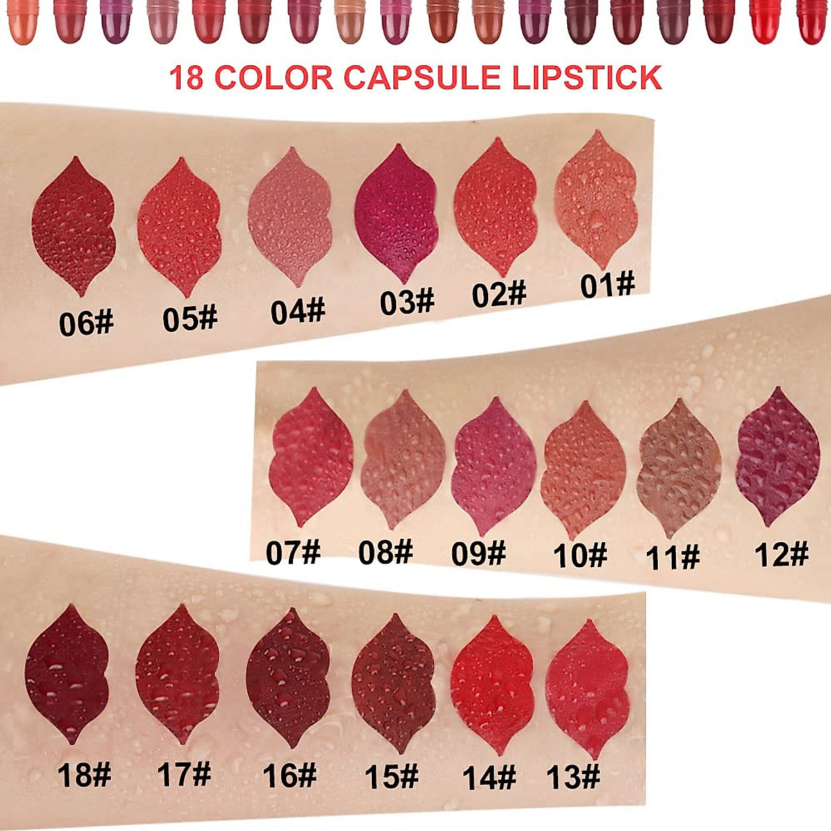 evpct 18Pcs Mini Pills Lipstick Capsule Set for Women Waterproof Long Lasting Deep Red Matte Small Magic Permanent Lipstick 24 Hour Lipstick Bulk Samples Sampler labiales mate 24 horas originales 02