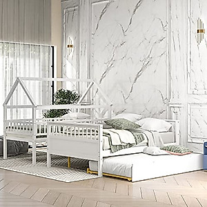 DEYOBED Twin Over Full House Shaped Wooden Bunk Bed with Trundle and Storage Staircase - Perfect for Kids and Teens, Maximizing Space and Convenience in Bedrooms