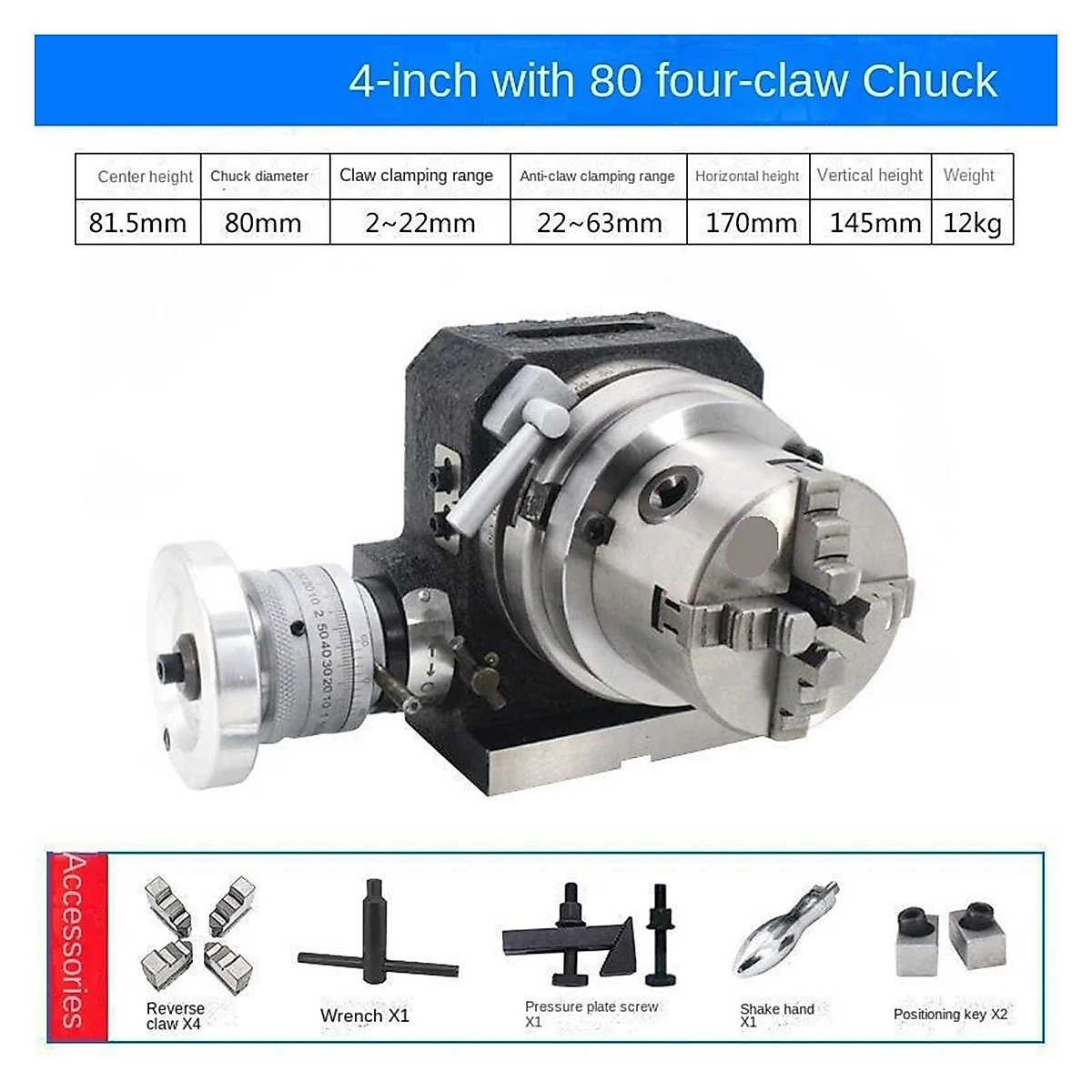 KACOME 4/6 Inche Three-jaw Chuck Milling Machine Indexing Head Rotary Table Universal Indexing Plate Rotating Vertical Horizontal(4 (80mm Four-jaw))