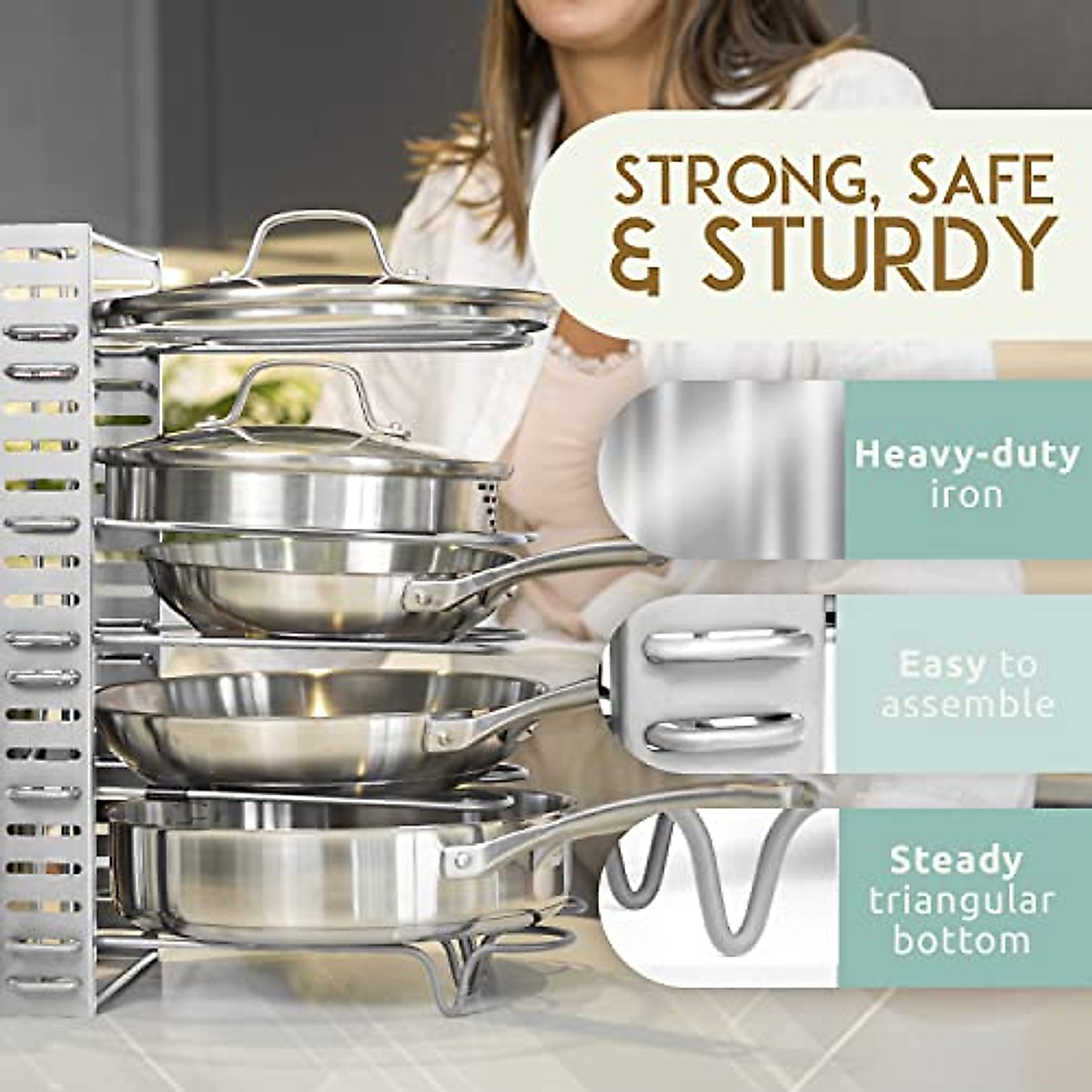 GeekDigg Pot Rack Organizer, Adjustable Height and Position Pots and Pan Rack, Kitchen Counter and Cabinet Pan Organizer Shelf Rack/Pot Lid Holder with 3 DIY Methods - Silver