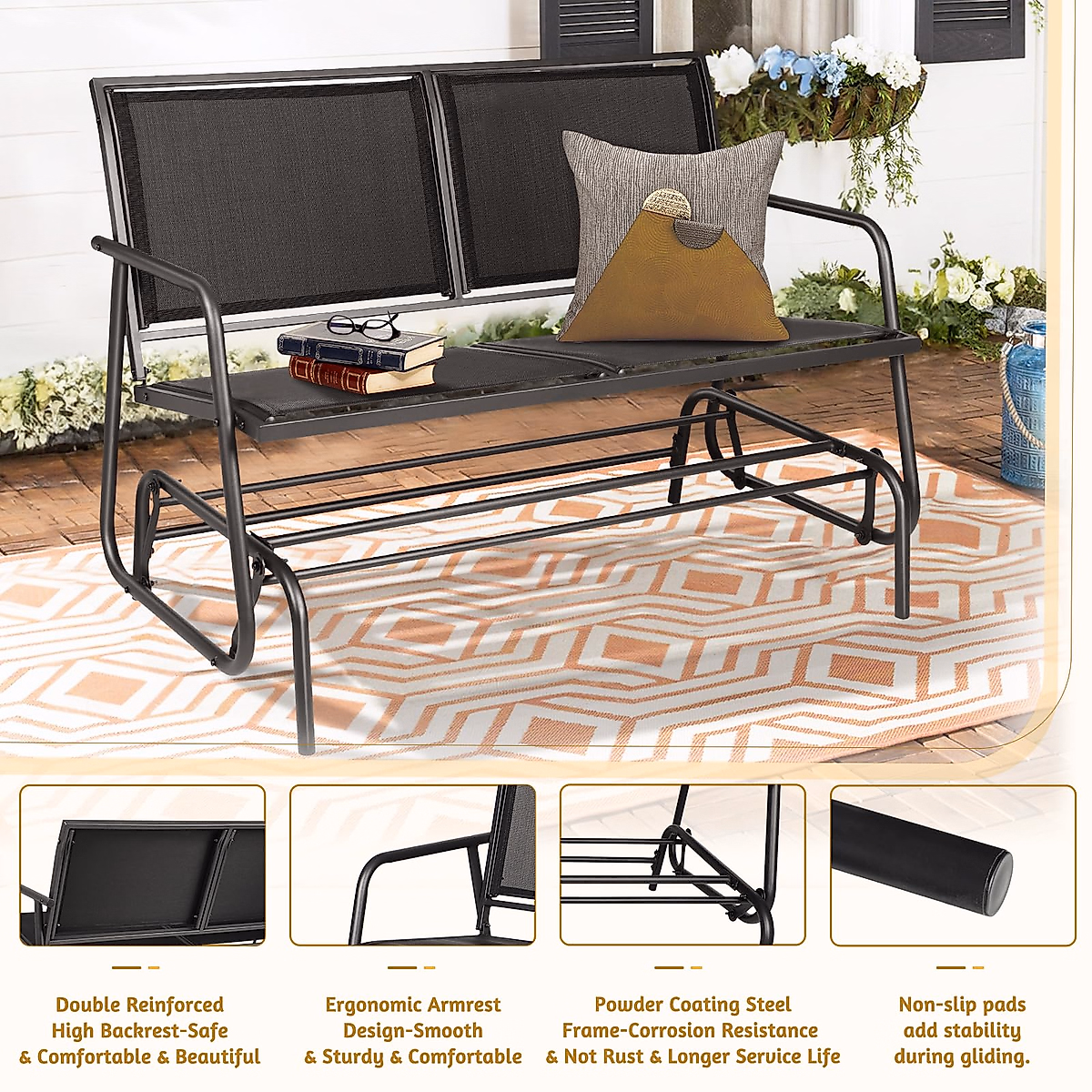 SUNCROWN Outdoor 2-Person Glider Bench, Patio Swing Rocking Chair, Loveseat, Rocker with Powder Coated Steel Frame, Textilene Fabric for Backyard, Garden, Porch, Deck(Black)