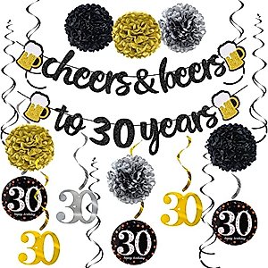30th Birthday Decorations Kit for Men Women, Cheers to 30 Years Banner with Pom Poms Flowers, 30th Sparkling Hanging Swirl Decorations for 30th Birthday Wedding Party Supplies Decorations