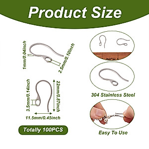 Pandahall 100pcs 304 Stainless Steel Earring Hooks 21.5x11x1mm with Loop Hole Ear Wire Findings for DIY Jewelry Making