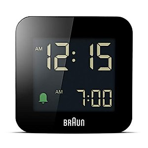 Braun Digital Travel Alarm Clock with Snooze, Compact Size, Negative LCD Display, Quick Set, Crescendo Beep Alarm in Black, Model BC08B.