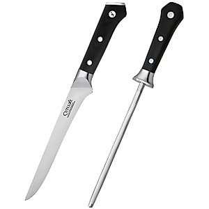 Cutluxe Boning Knife & Sharpening Knife Rod– Forged High Carbon German Steel – Full Tang & Razor Sharp – Ergonomic Handle Design – Artisan Series