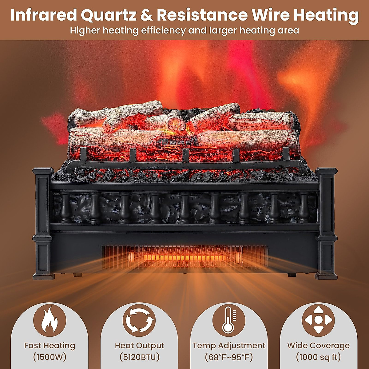 Tangkula 20” Electric Fireplace Log Set Heater with Adjustable Temp, Overheating Protection, Realistic Birch Wood Ember Bed, Infrared Quartz Electric Fireplace Insert for Home & Office Decor, 1500W