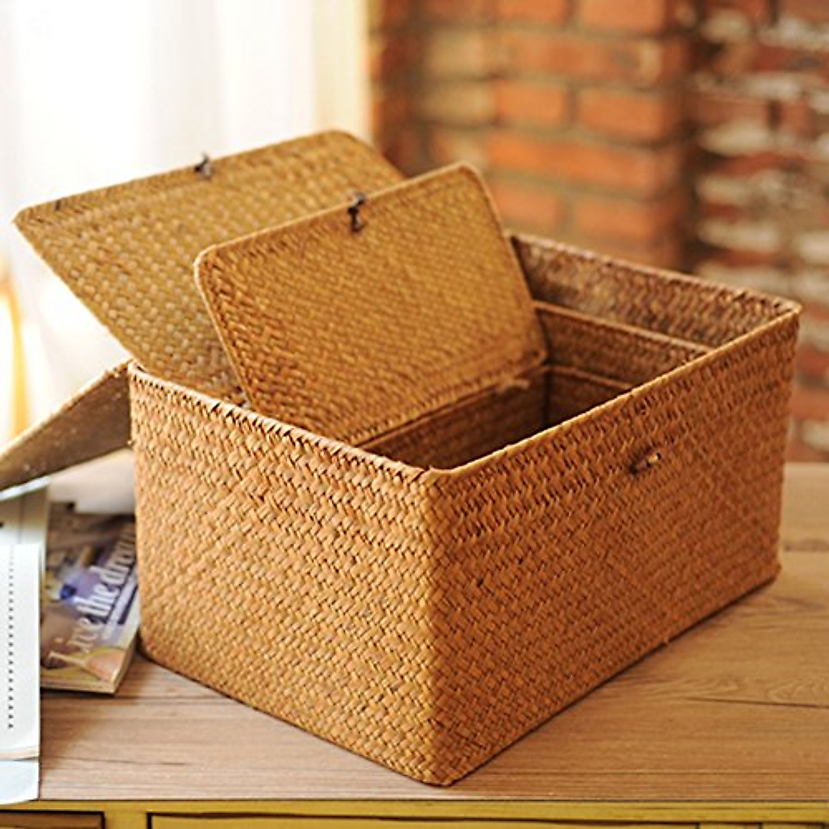Najer 3-piece Set Rectangular Handmade Seagrass Baskets with Lids，Multifunctional Storage Solution，Ochre